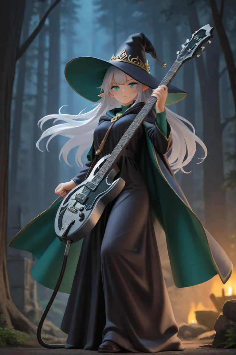 Stable Diffusion Prompt: Veteran elf wizard in modest attire wields ...