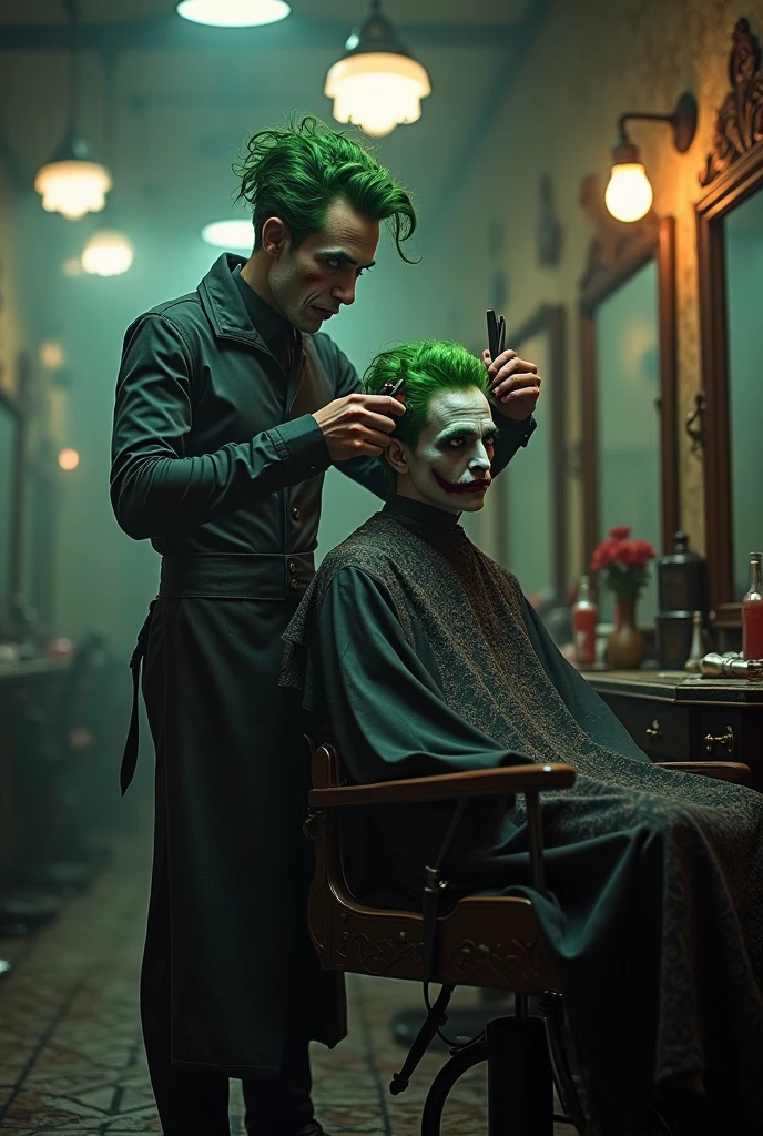 Stable Diffusion Prompt: Barber Joker Cutting Hair
