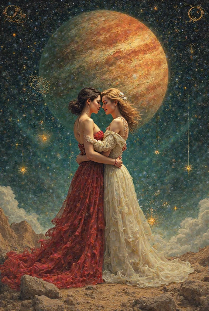 Stable Diffusion Prompt: Vintage album cover capturing the cosmic romance of Pluto and Mars