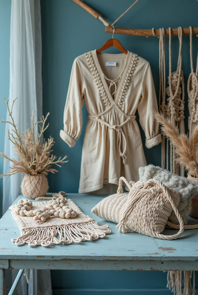 Stable Diffusion Prompt: Handmade macrame men's clothing displayed on a table