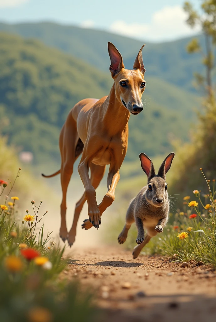 Stable Diffusion Prompt: Spanish greyhound chasing rabbit in dynamic ...