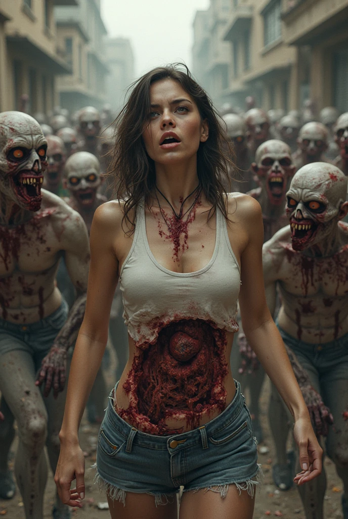 Stable Diffusion Prompt: American woman in white tank top attacked by zombies, survival scenes