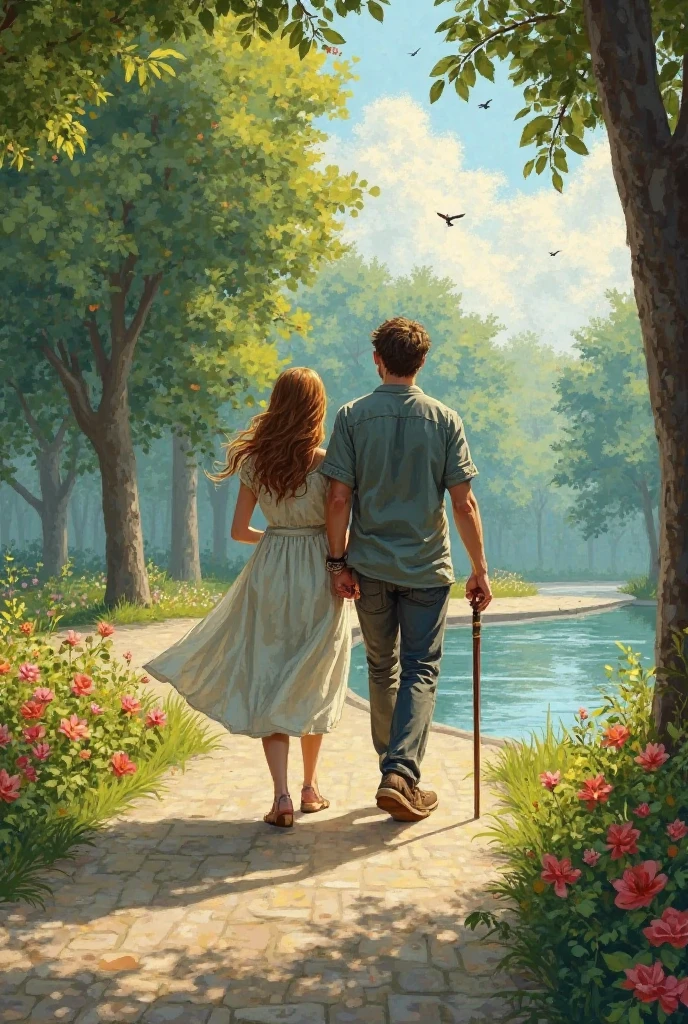 Stable Diffusion Prompt: Blind woman with long hair holding a tal's hand using a cane