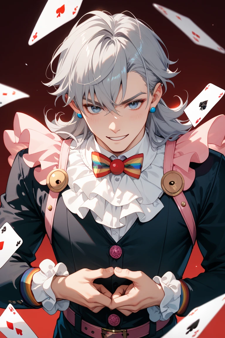 Stable Diffusion Prompt: Boy in clown suit and mask performs magic card ...