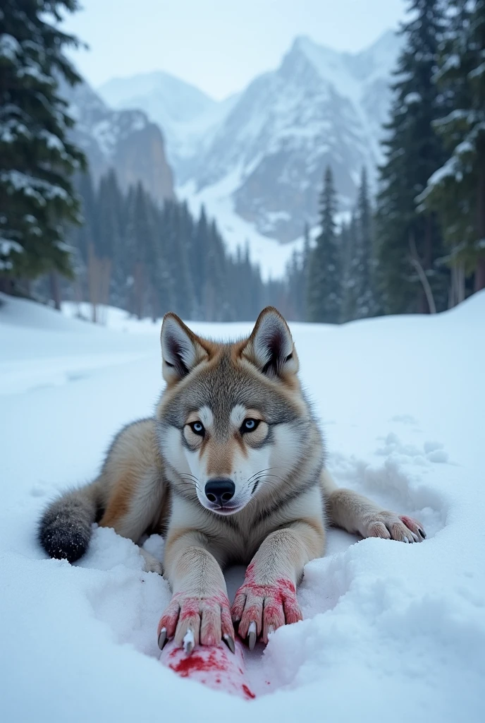 Stable Diffusion Prompt: Injured wolf pup struggles in snow with deep gash