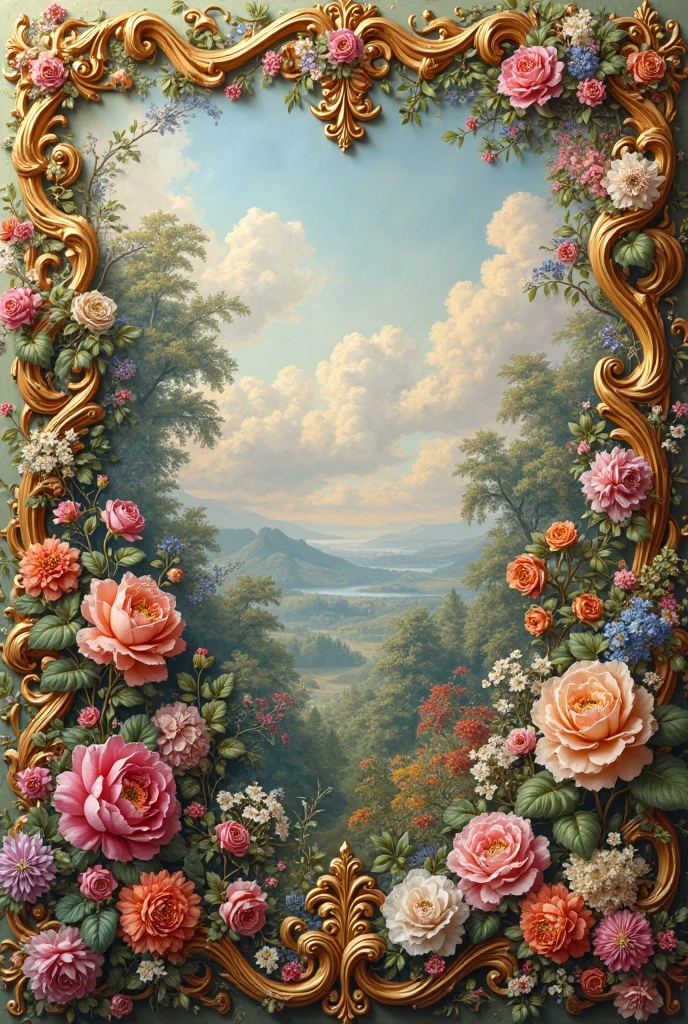 Stable Diffusion Prompt: Rococo floral mural: vibrant blooms create lush landscapes