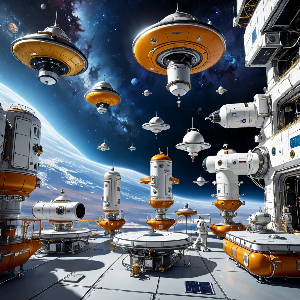 Stable Diffusion Prompt: Explore high-tech platforms floating in space's vacuum area