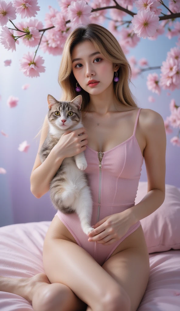 Stable Diffusion Prompt: Cute cat selfie with sakura blooms and suggestive pose for viral shares