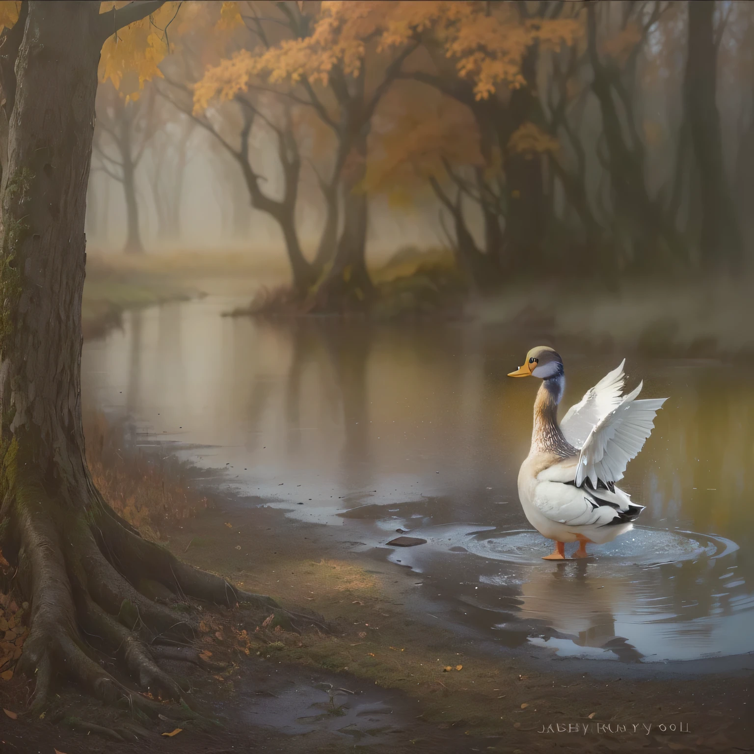 Stable Diffusion Prompt: Vibrant duck painting: a stunning pose in serene pond