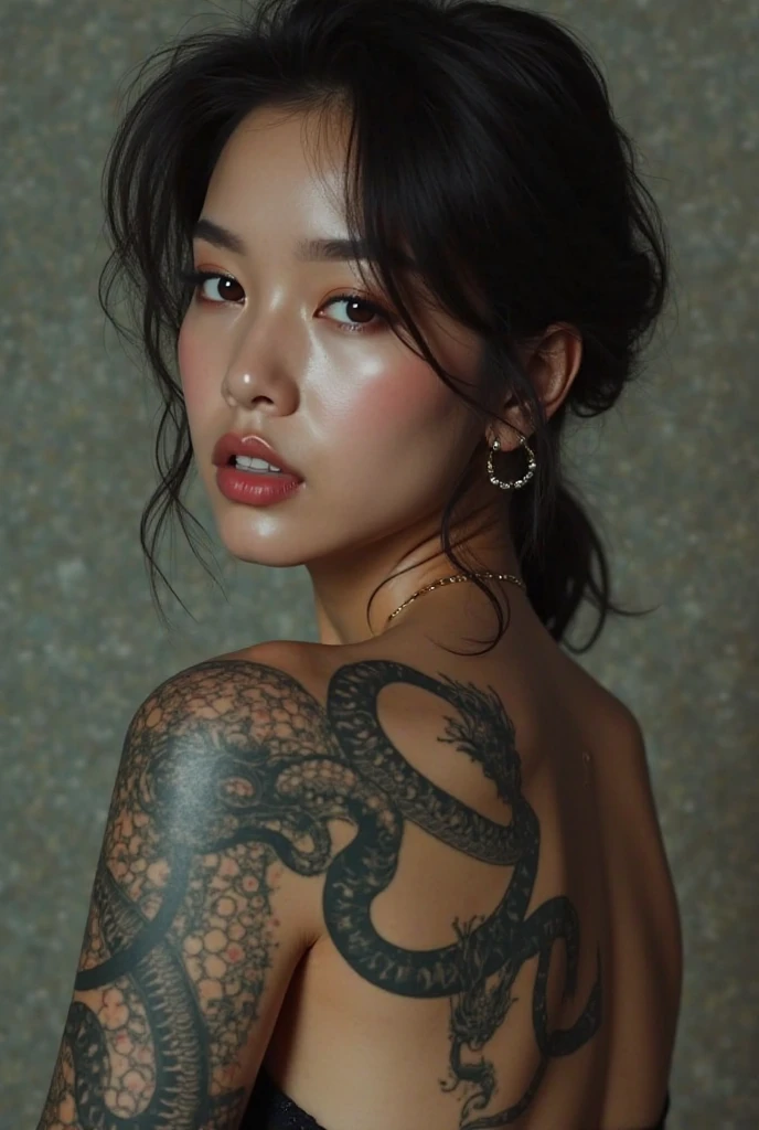 Stable Diffusion Prompt: Kim Sunwoo of The Boyz sports a snake tattoo on her left arm and back