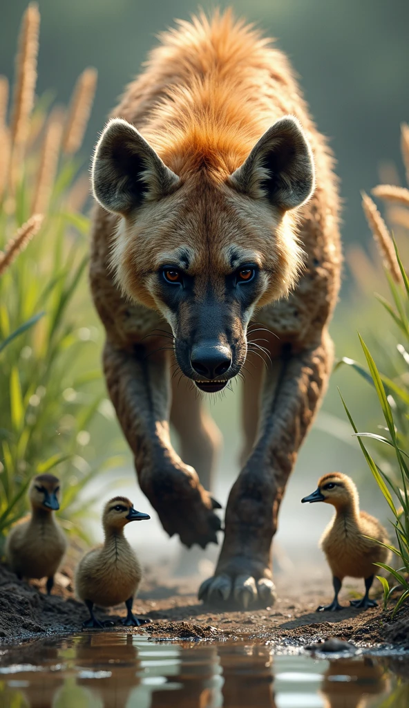 Stable Diffusion Prompt: Rough hyena menaces ducklings with a fierce glare