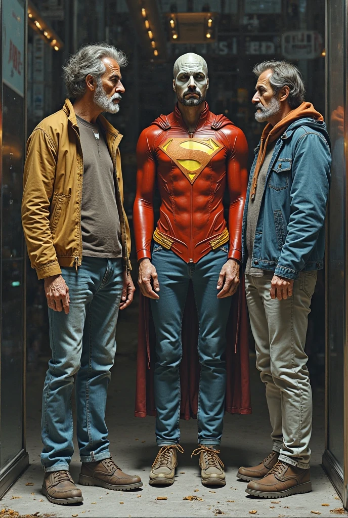 Stable Diffusion Prompt: Homeless trio poses as mannequins in store window