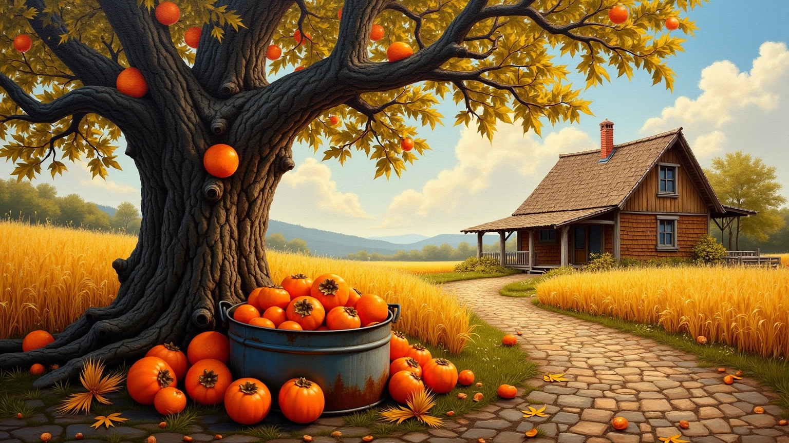 Stable Diffusion Prompt: Rural persimmon oil painting with warm palette ...
