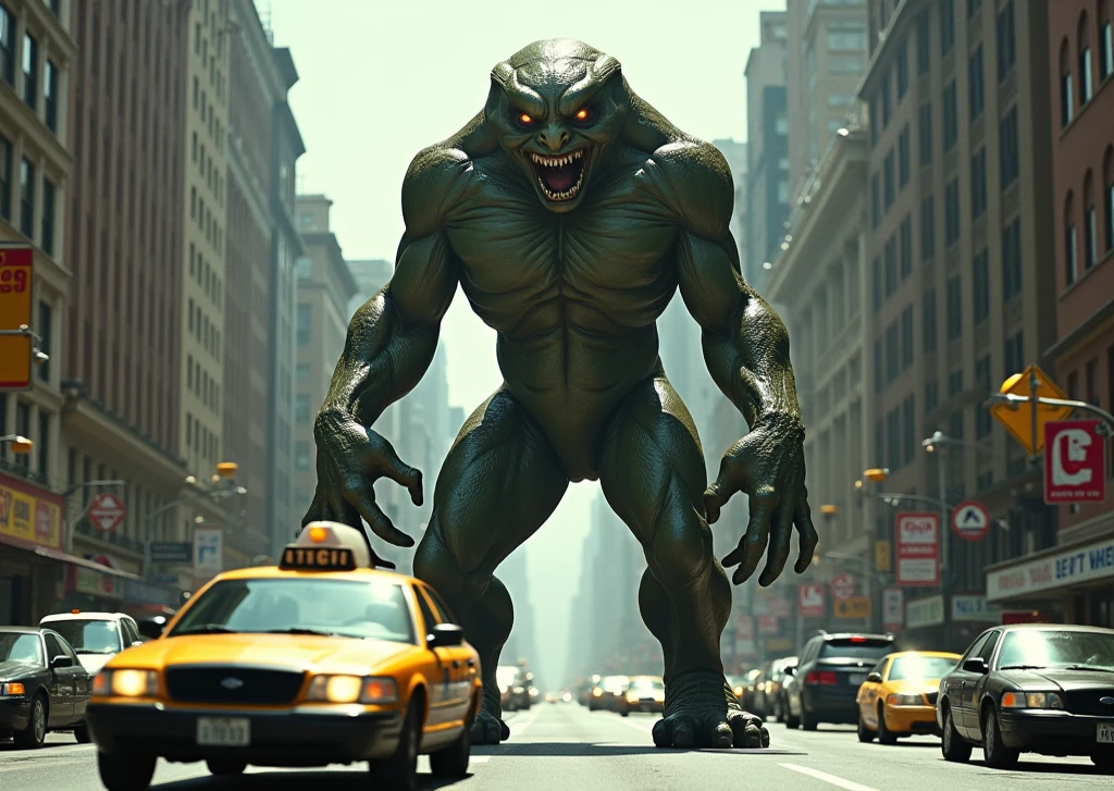 Stable Diffusion Prompt: Alien mutant stands center avenue, striking ...