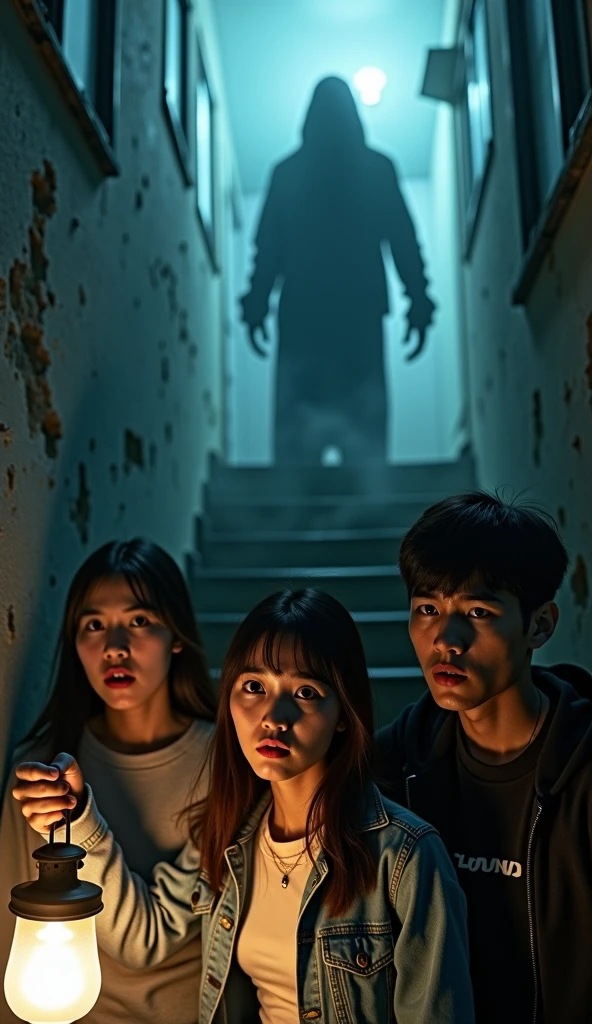 Stable Diffusion Prompt: Frightened crowd in tense, eerie scene - suspenseful horror moment