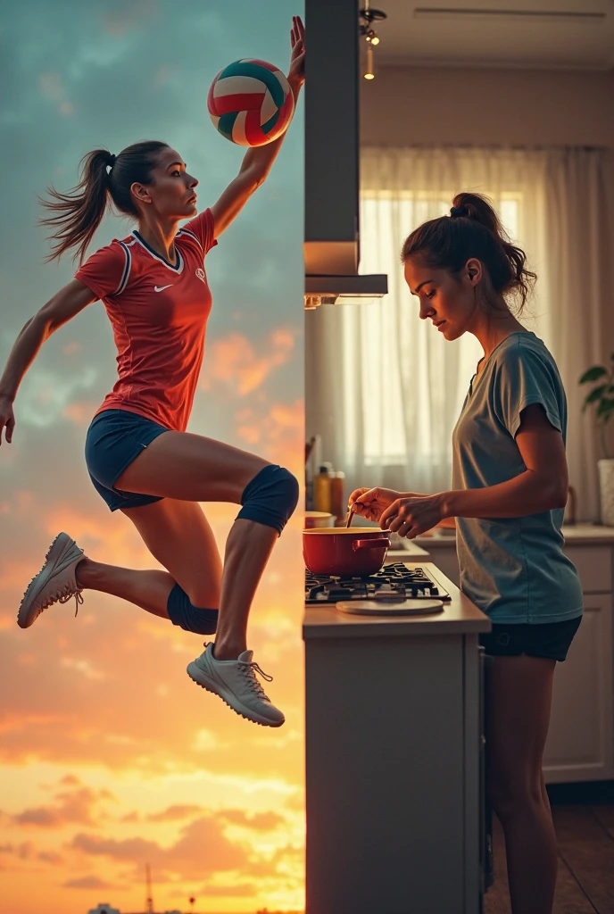 Stable Diffusion Prompt: Create an image of a female volleyball player mid-air, showcasing ...