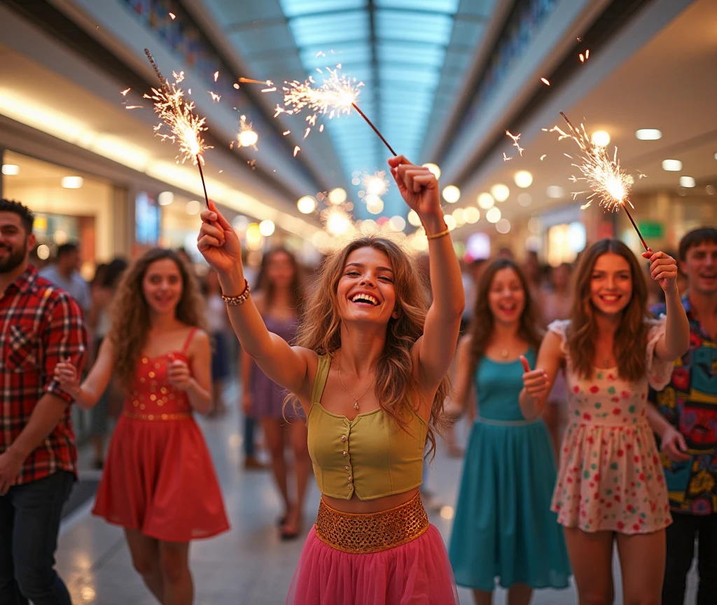 Stable Diffusion Prompt: Adults in costumes enjoy party fun at shopping ...