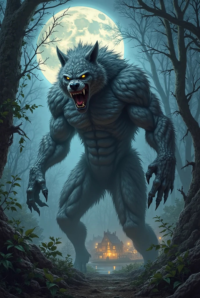Stable Diffusion Prompt: Werewolf howling in woods near village during ...