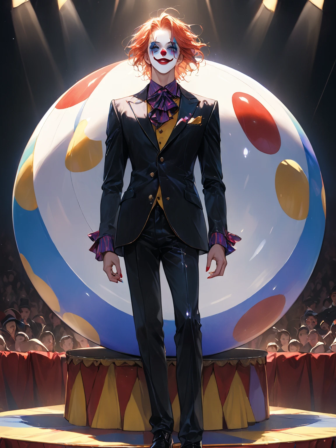 Stable Diffusion Prompt: A clown slipping off a large circus ball, mid ...