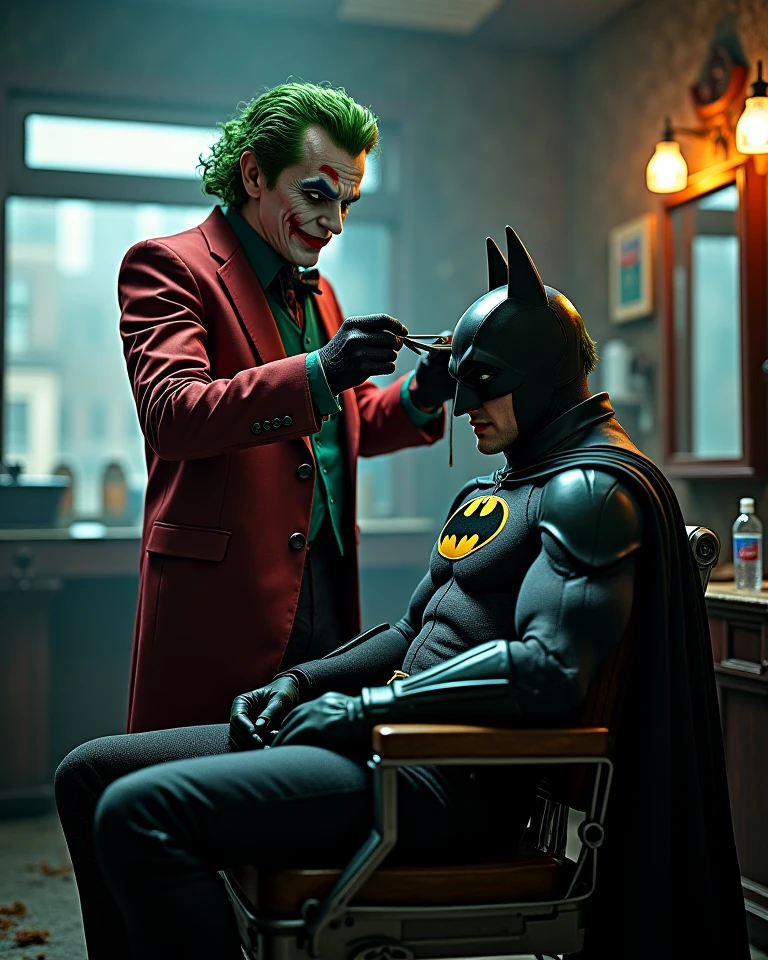 Stable Diffusion Prompt: Barber Joker styles Batman's hair, adding a ...