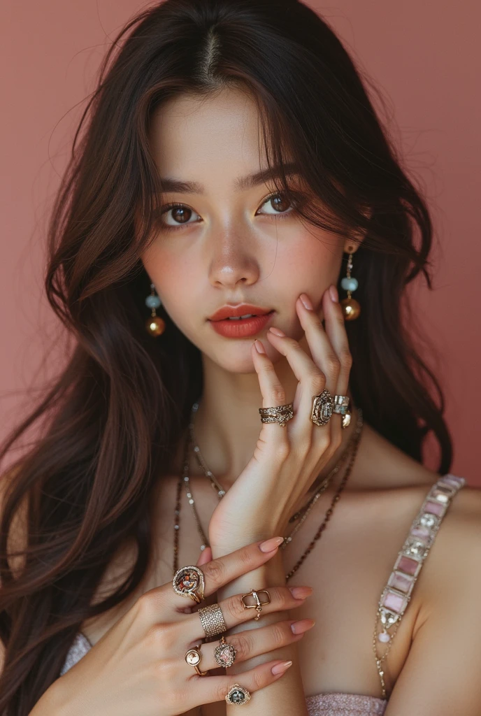 Stable Diffusion Prompt: Girl with long dark hair showcasing rings, stylish accessories