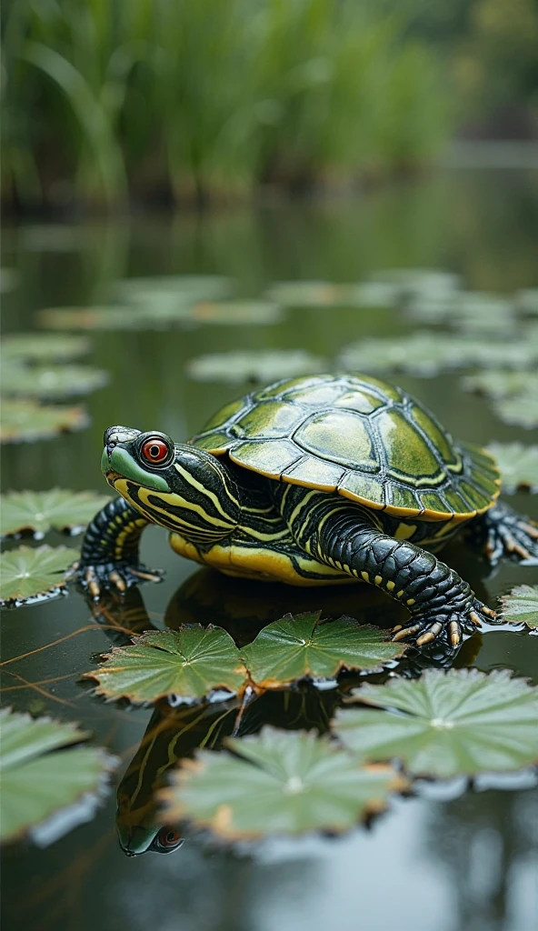 Stable Diffusion Prompt: Hyper Real green pond turtle with mirrored ...