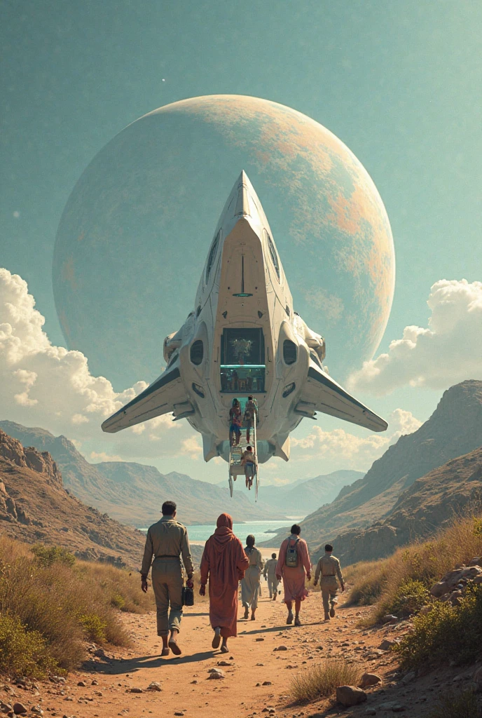 Stable Diffusion Prompt: People descend from a spaceship, marking a ...