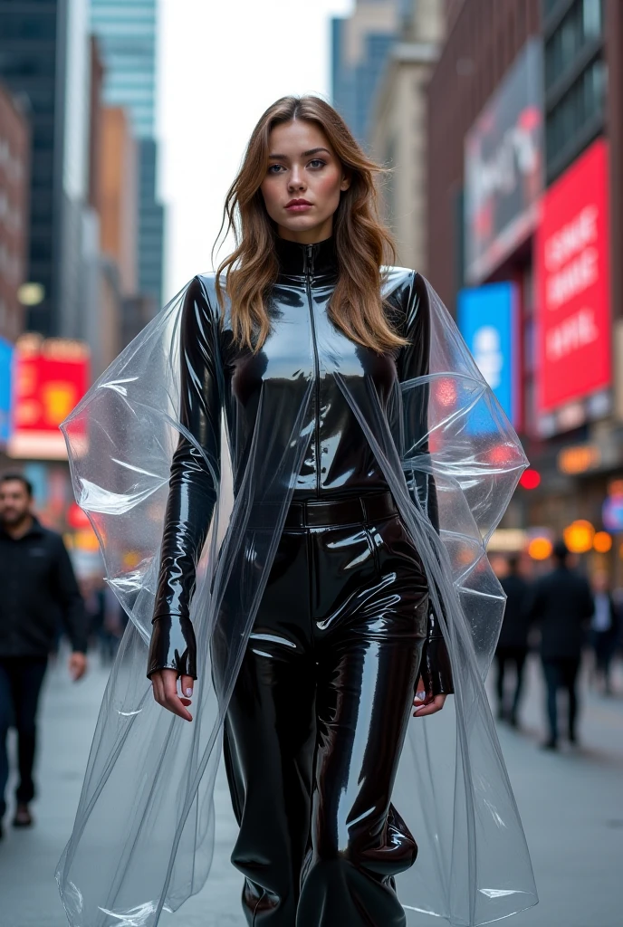 Stable Diffusion Prompt: Beautiful Adult Girl waring a black pvc baggy ...