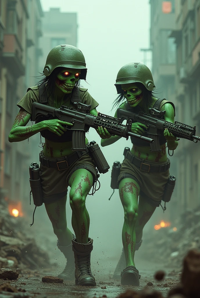 Stable Diffusion Prompt: Two female zombies, soliders, green skin, in ...