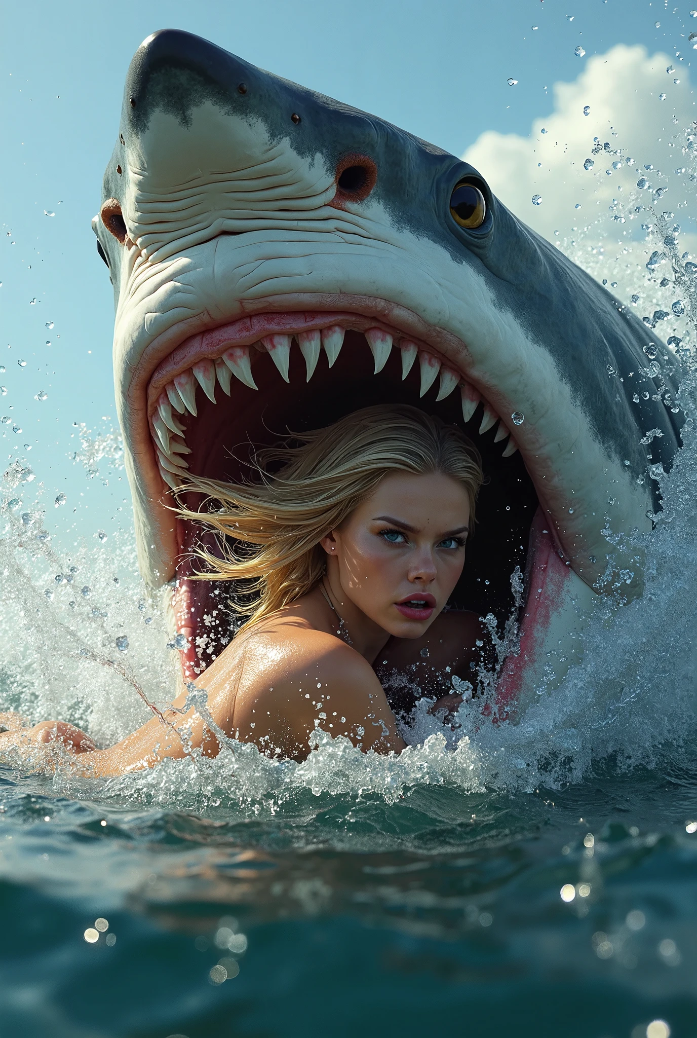 Stable Diffusion Prompt: Great White Shark attacks Chrissie in Jaws, a ...