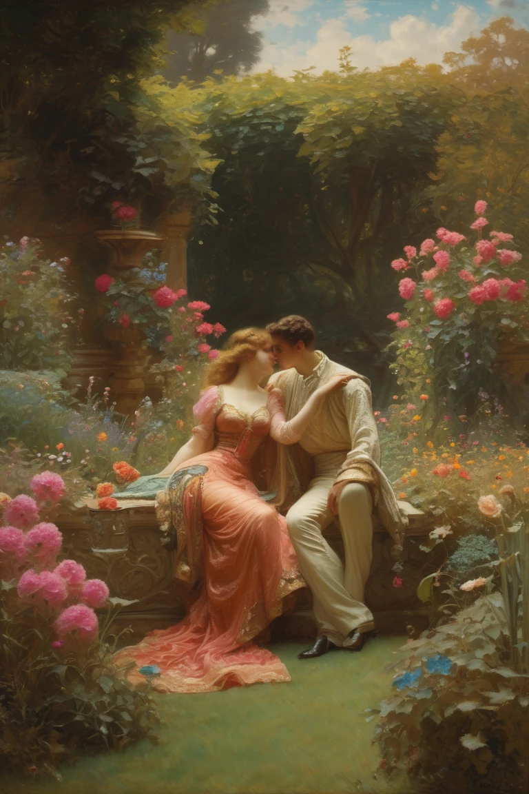 Stable Diffusion Prompt: Lovers meet in a lush garden, enchanting and ...