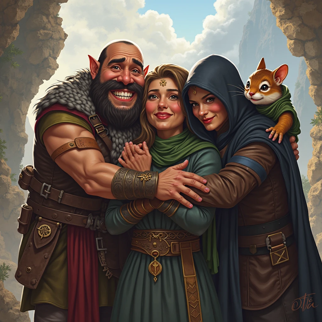 Stable Diffusion Prompt: Cheerful dwarf bard hugs dark magician and ...