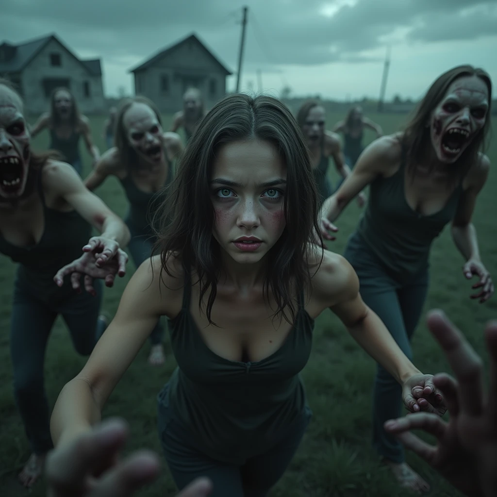 Stable Diffusion Prompt: Beautiful girl with big breasts faces scary zombies in intense scene