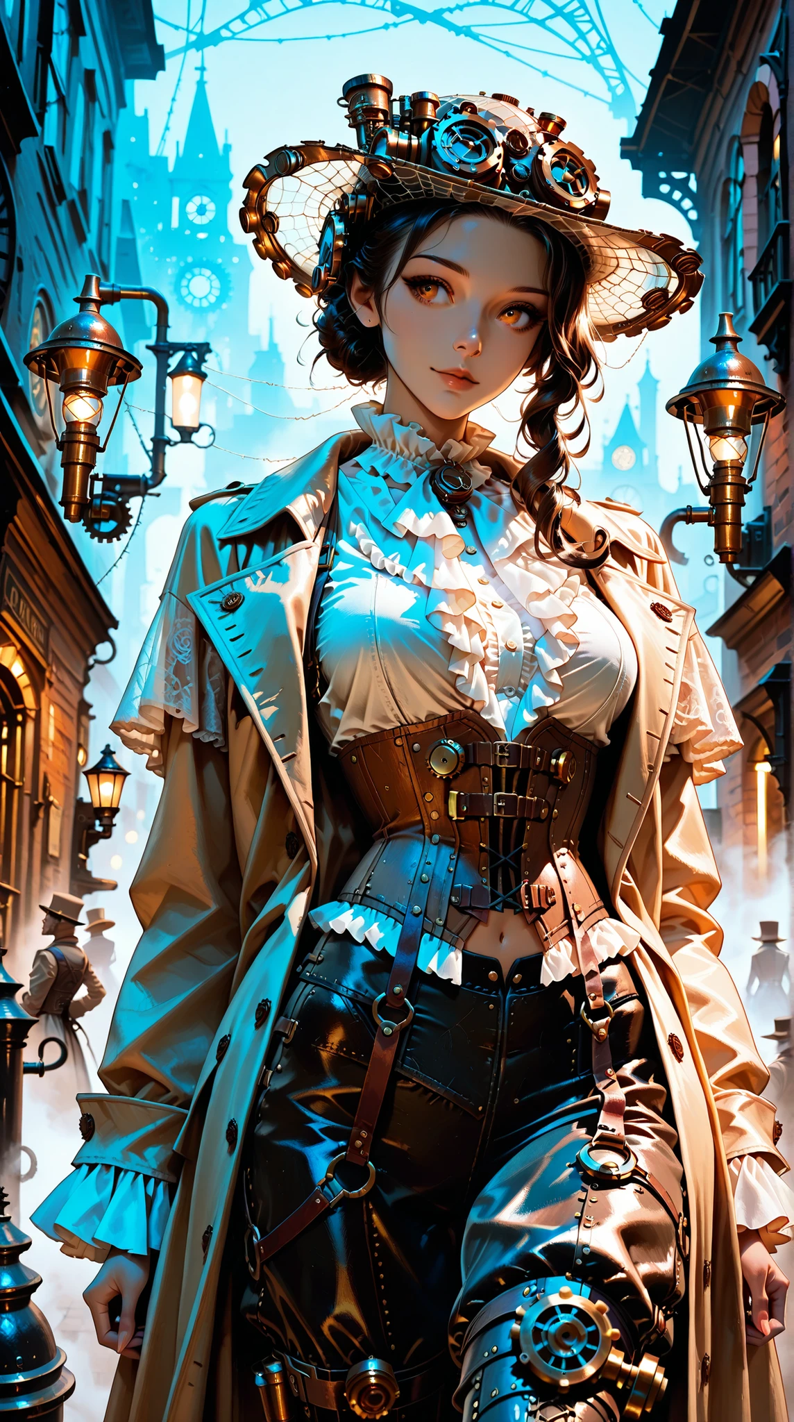 Stable Diffusion Prompt: Chic fashion: long coat, ruffle blouse, crop ...