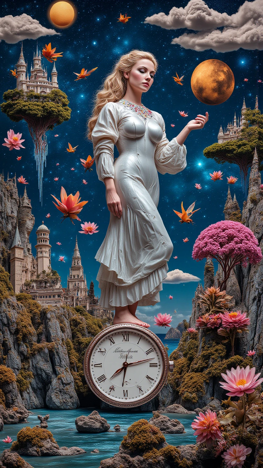 Stable Diffusion Prompt: Serene woman with luminous porcelain skin in surreal hyper-detailed odyssey