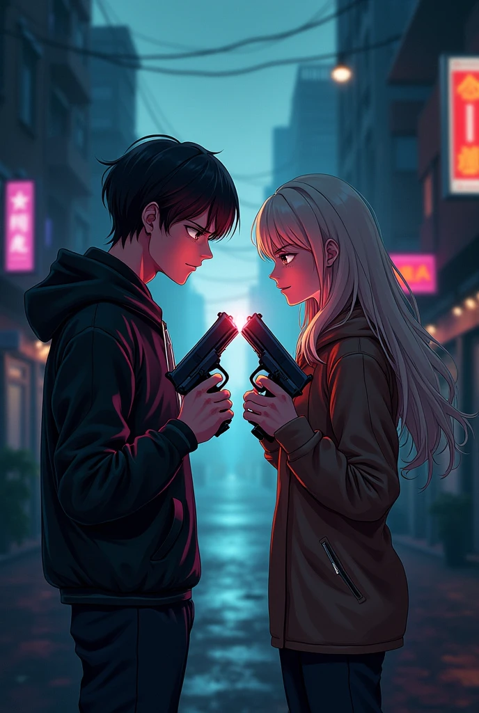 Stable Diffusion Prompt: Anime where man and woman face off with guns ...