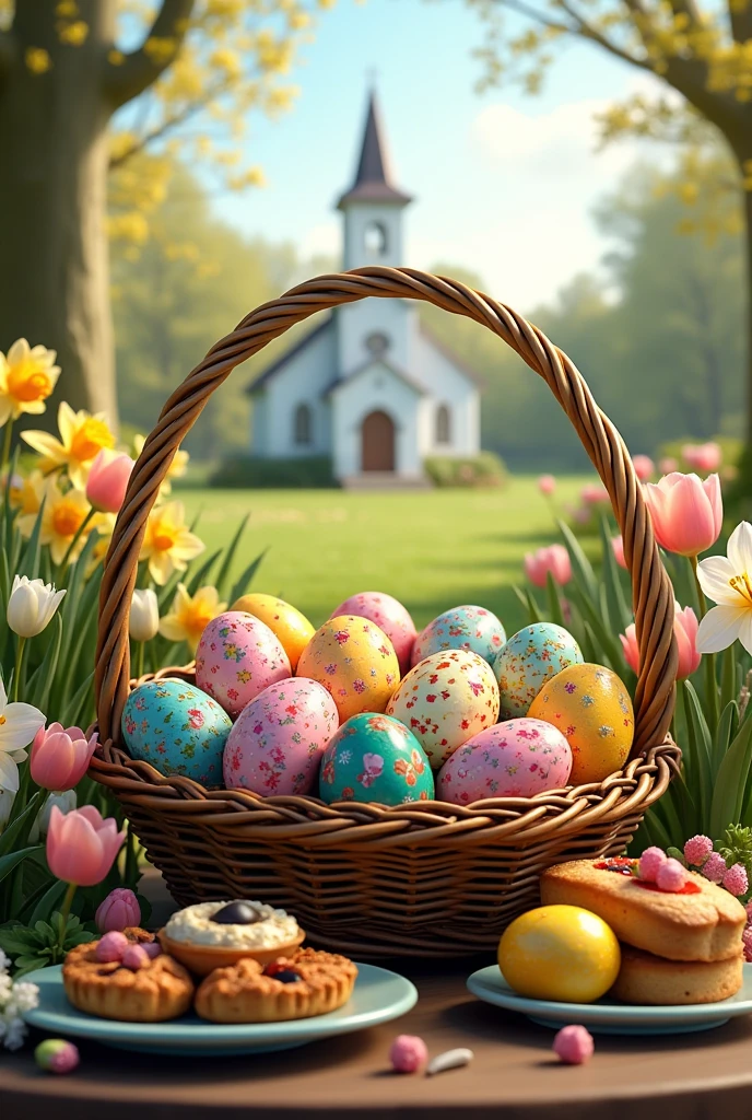 Stable Diffusion Prompt: Craft a stunning Easter card featuring decorative eggs and a basket!