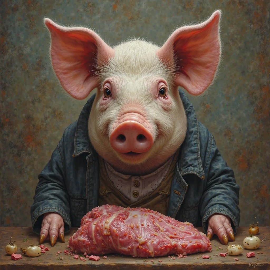 Stable Diffusion Prompt: Story of a pig dressed as humans acting like ...