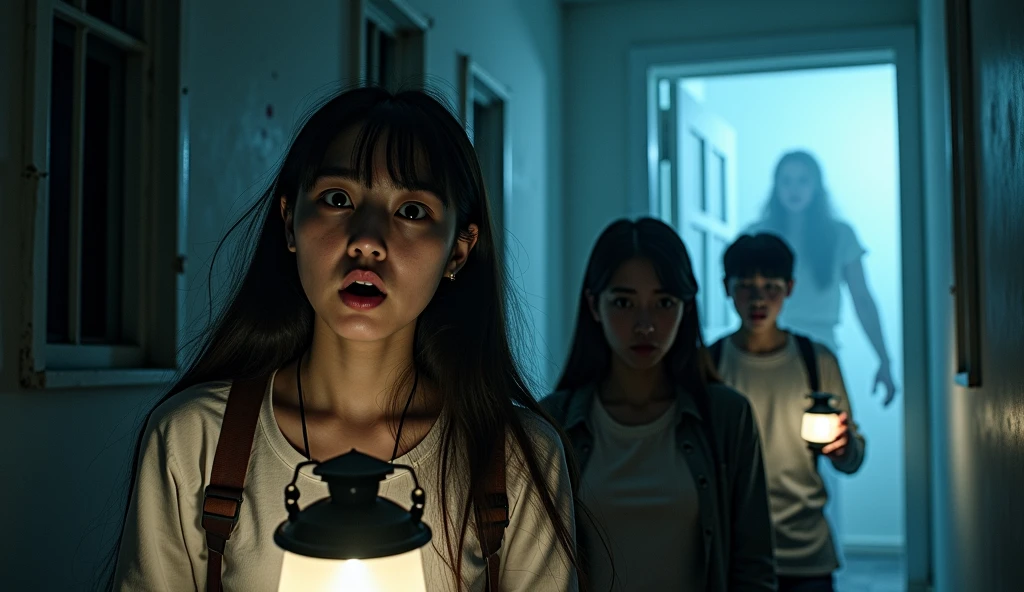 Stable Diffusion Prompt: Frightened crowd in tense, eerie scene - suspenseful horror moment