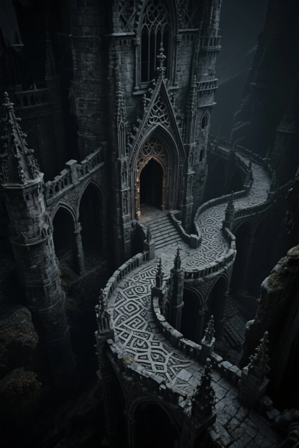 Stable Diffusion Prompt: Mysterious Gothic castle entrance with confusing, eerie pathways