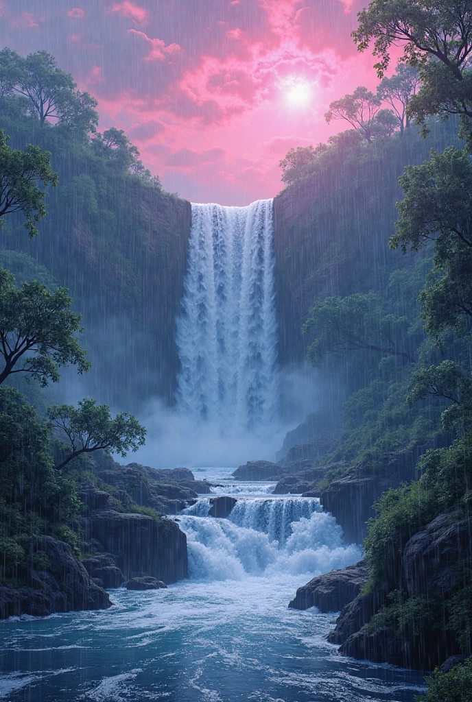 Stable Diffusion Prompt: Rain falls over a waterfall under a litmus ...