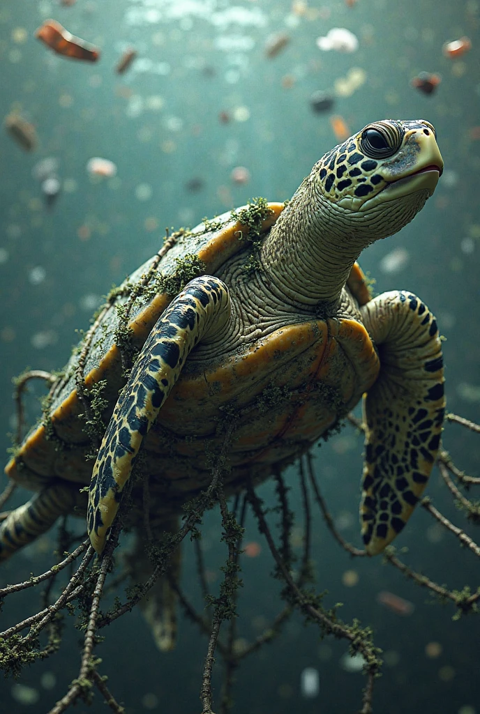Stable Diffusion Prompt: A turtle trapped in a fishing net made with recycled materials such as ...