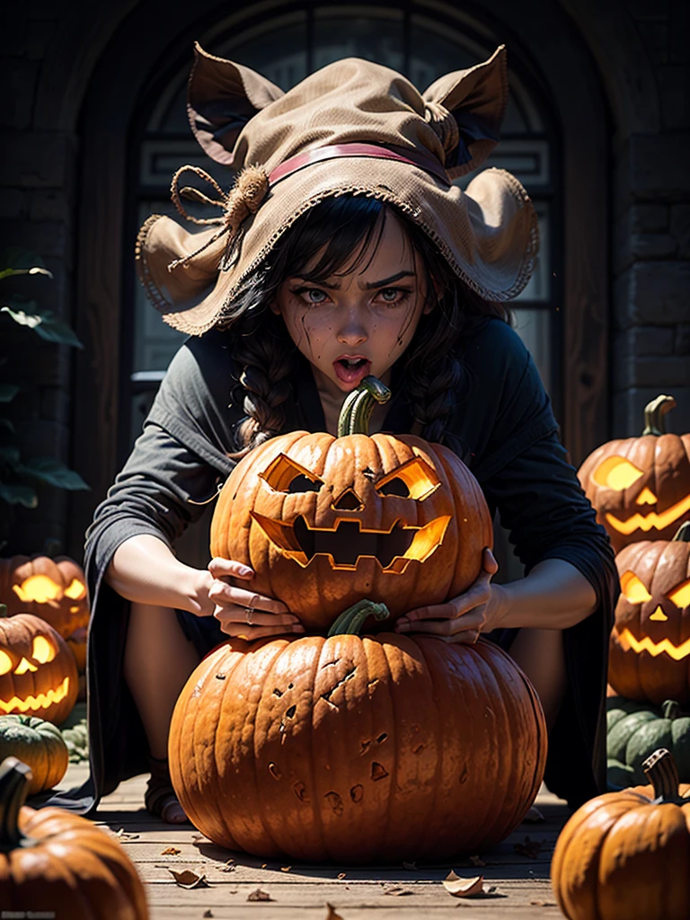 Stable Diffusion Prompt: Eerie horror poster for "Pumpkin Poison" featuring a sinister pumpkin ...
