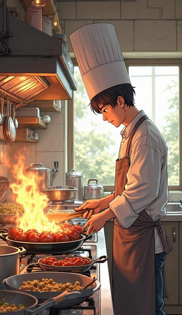 Stable Diffusion Prompt: Young chef frying in pan, passionate about ...