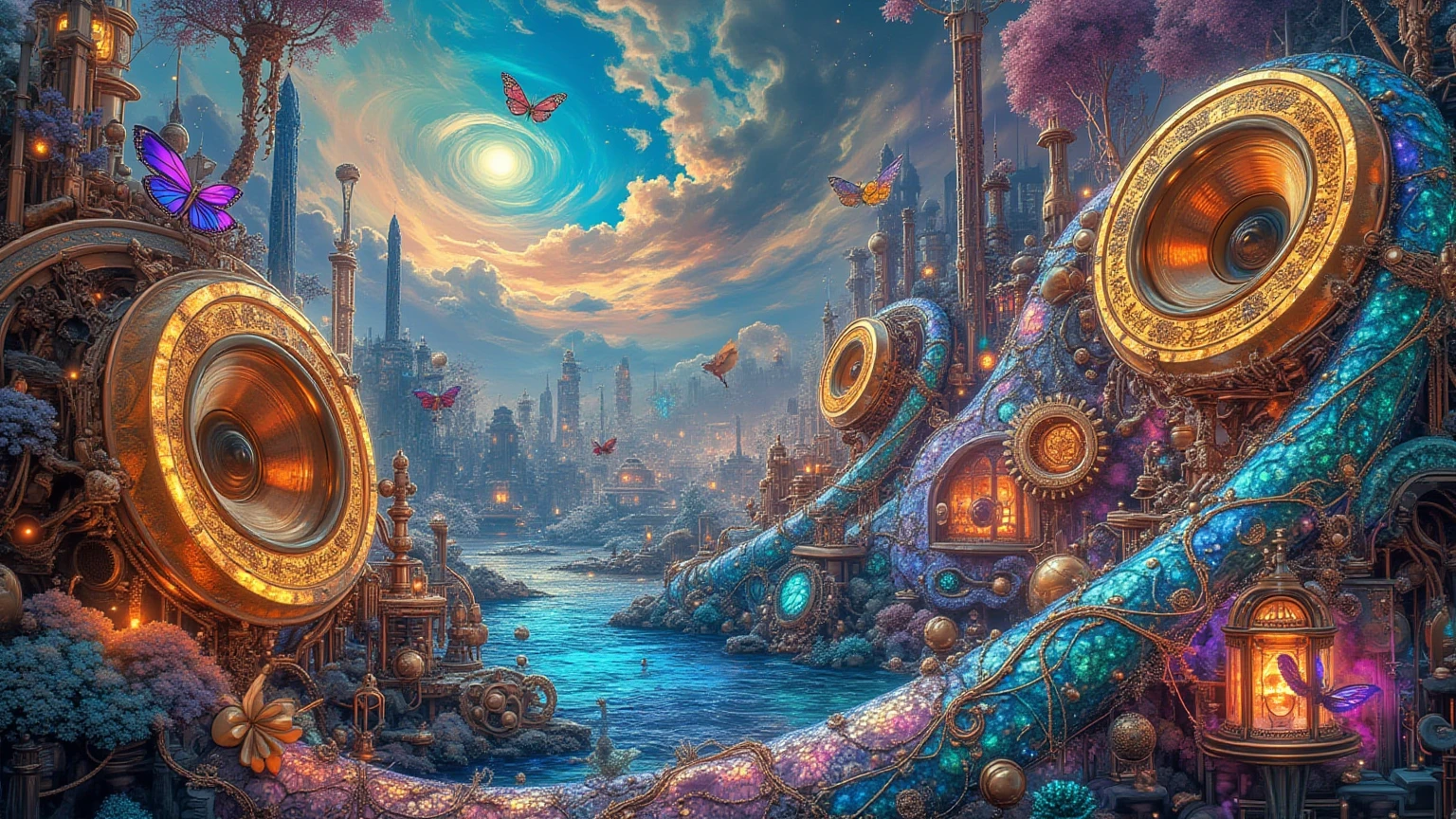 Stable Diffusion Prompt: Hyper-detailed 3D biomorphic steampunk sound wave visualization