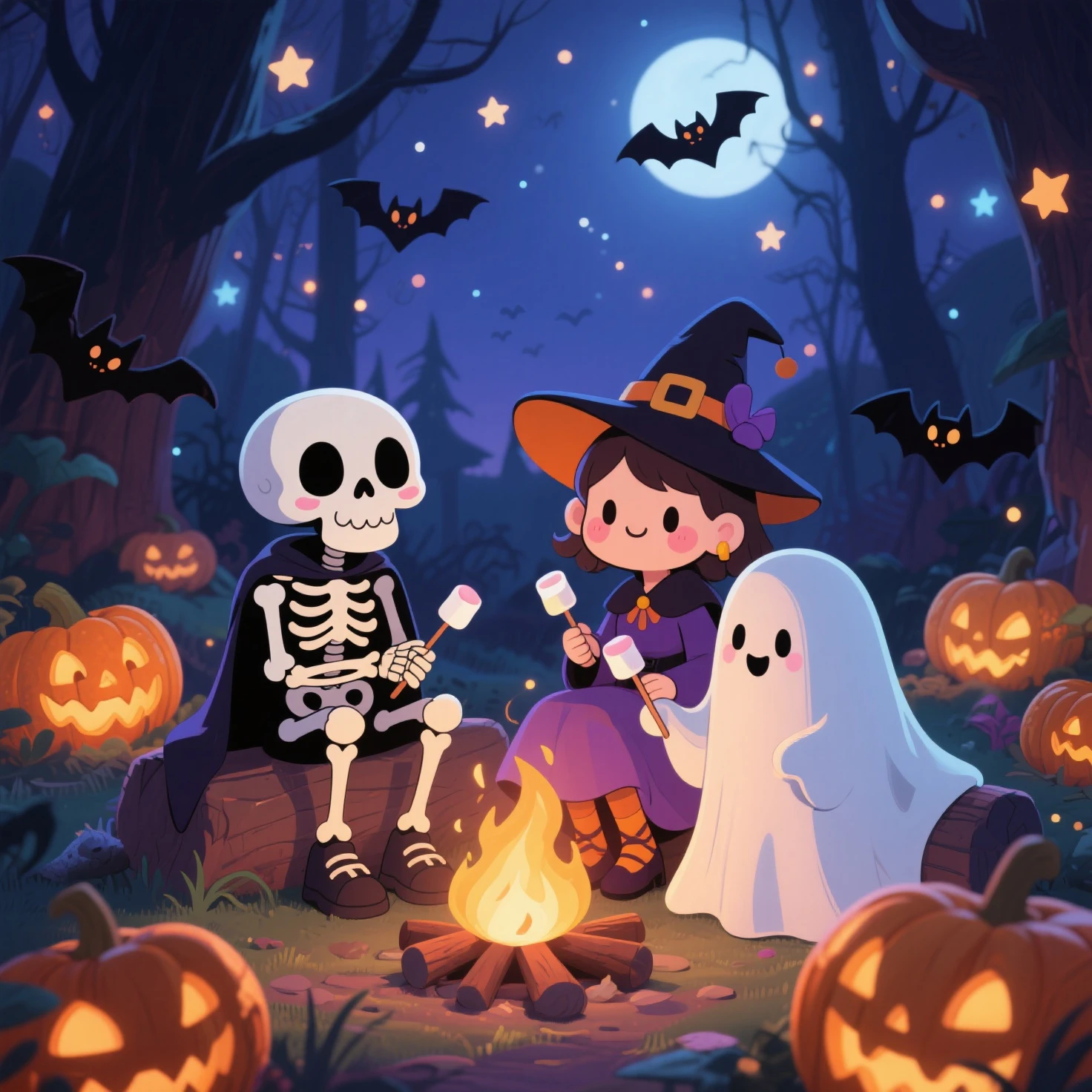 Stable Diffusion Prompt: A cute skeleton, a kawaii witch, and a ...