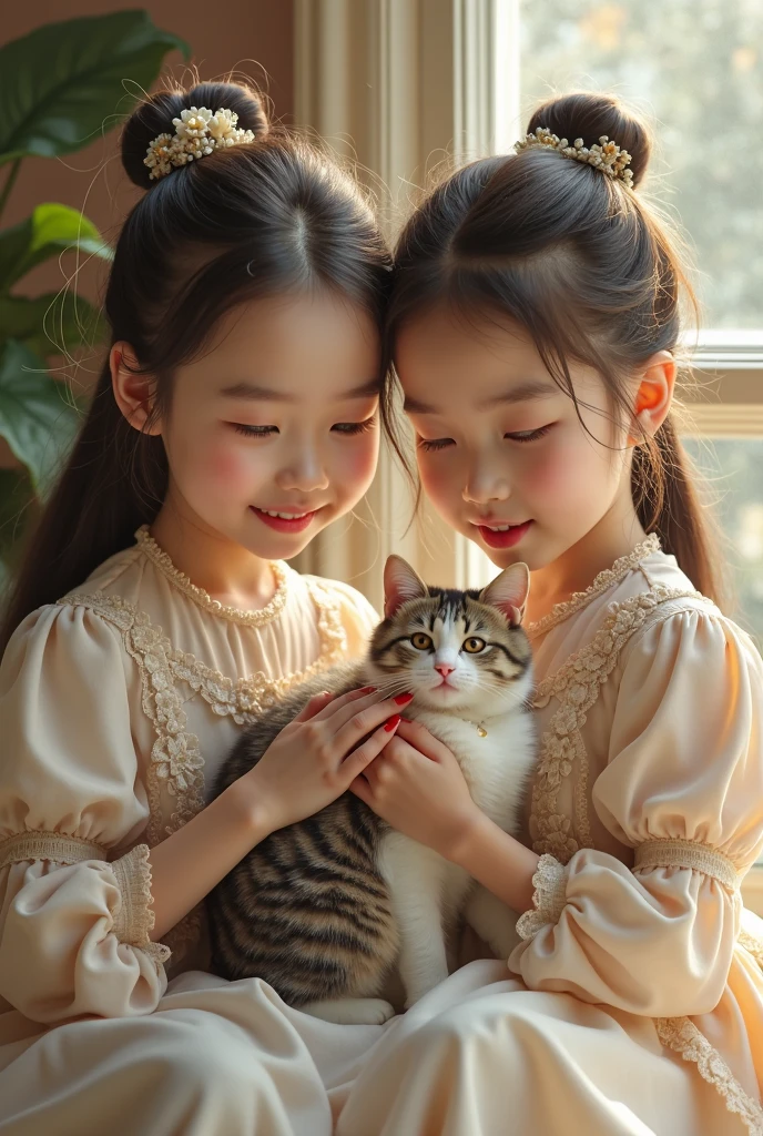 Stable Diffusion Prompt: High Quality、twin girls、cat