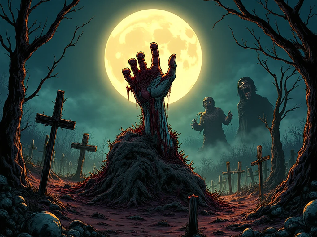 Stable Diffusion Prompt: Graveyard Night Zombies Leaving Earth comic style