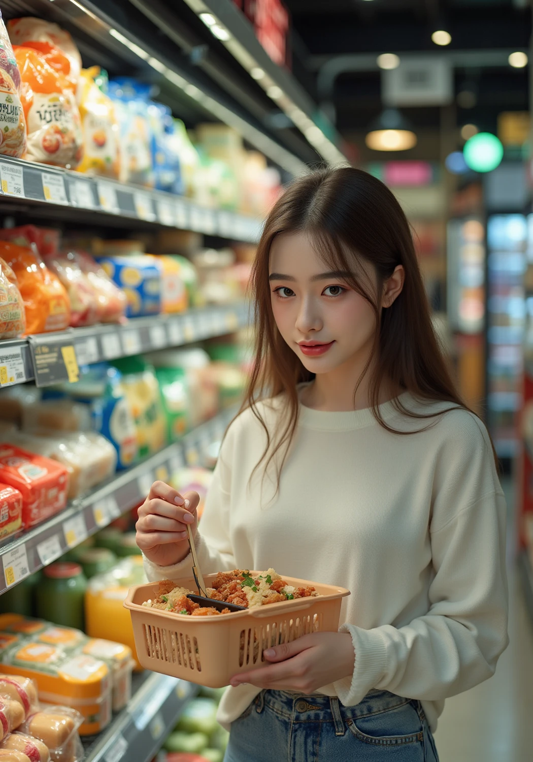 Stable Diffusion Prompt: In front of the supermarket shelf where the ...