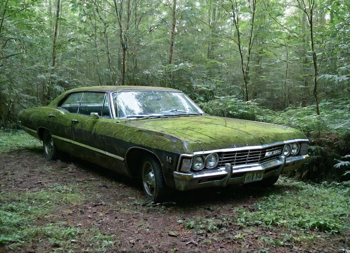 Stable Diffusion Prompt: Arafed old car in the woods with moss growing ...